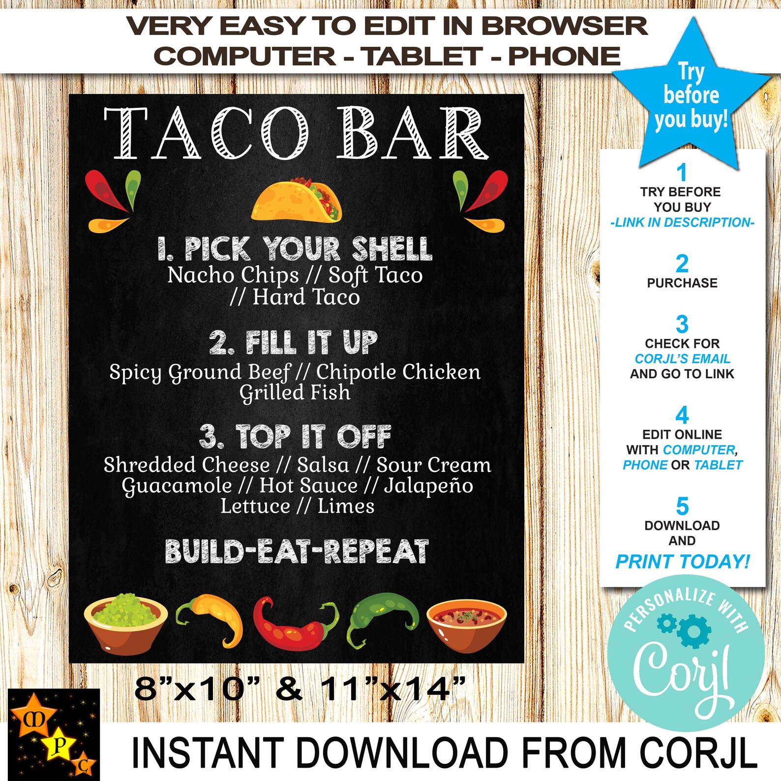 Taco Bar Sign, Mexican Style, Editable, Instant Download From Corjl ...