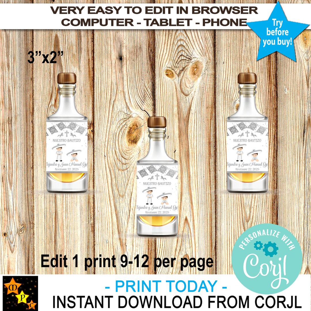 Baby Charro Baptism Mini Liquor Bottle Labels, Mexican Silver (editable ...