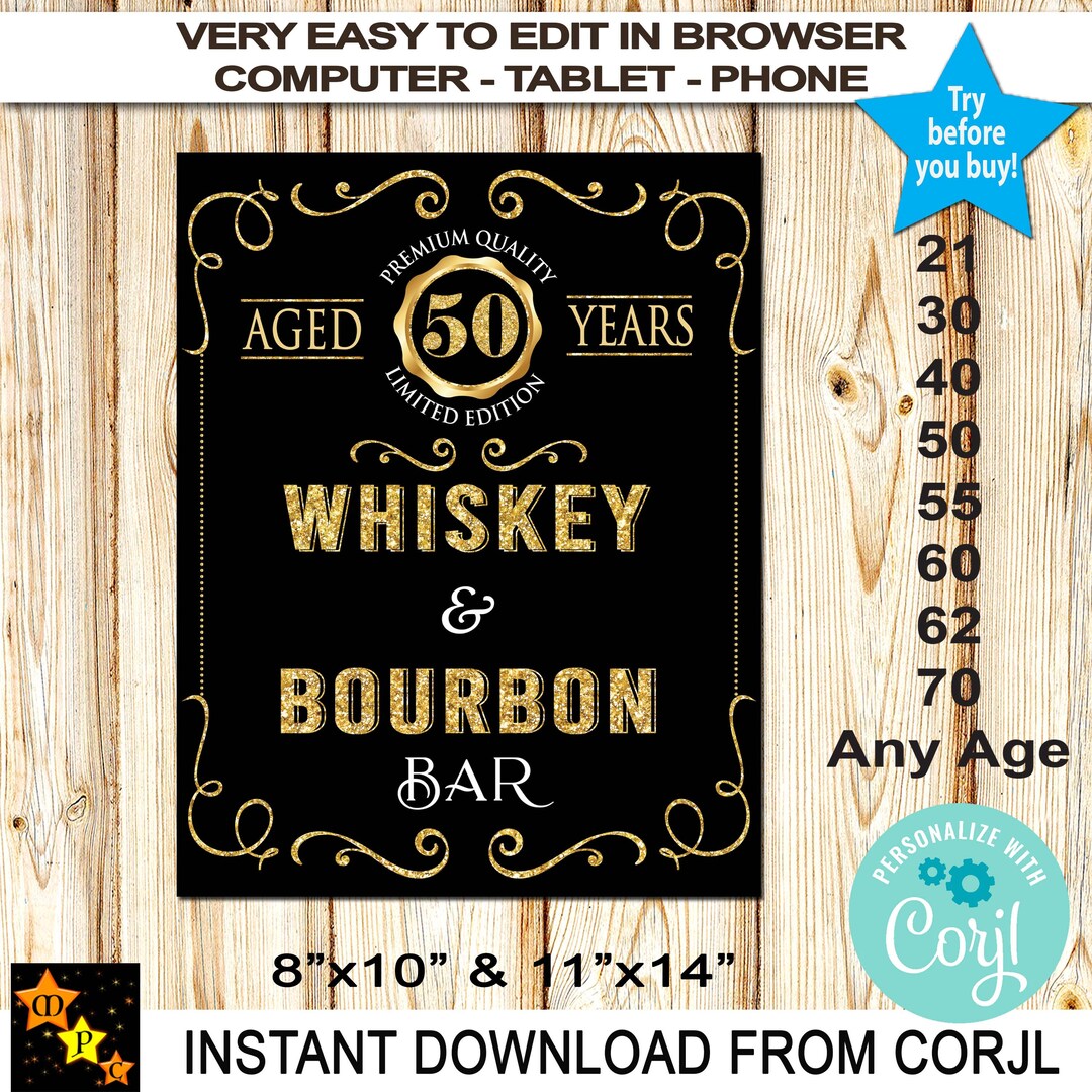 Whiskey & Bourbon Sign, Editable Age Only, Whiskey Label, 2 Sizes. 8x10 ...