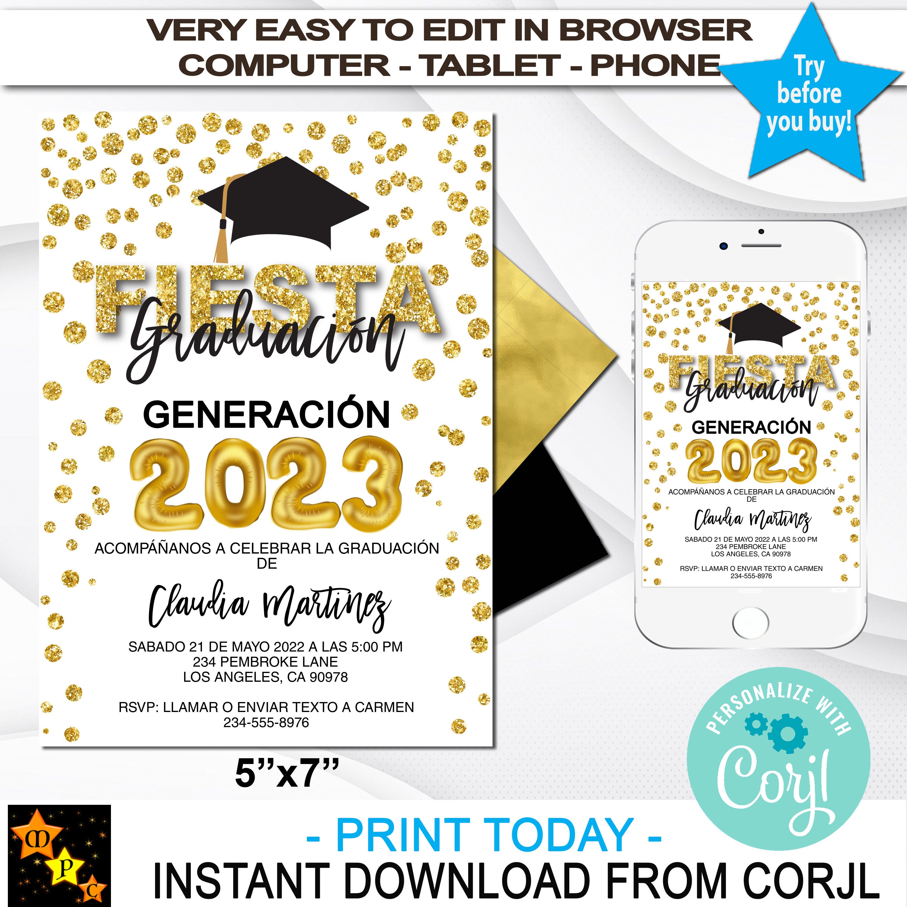 Spanish Graduation Party Invitation Black and Gold INSTANT - Etsy