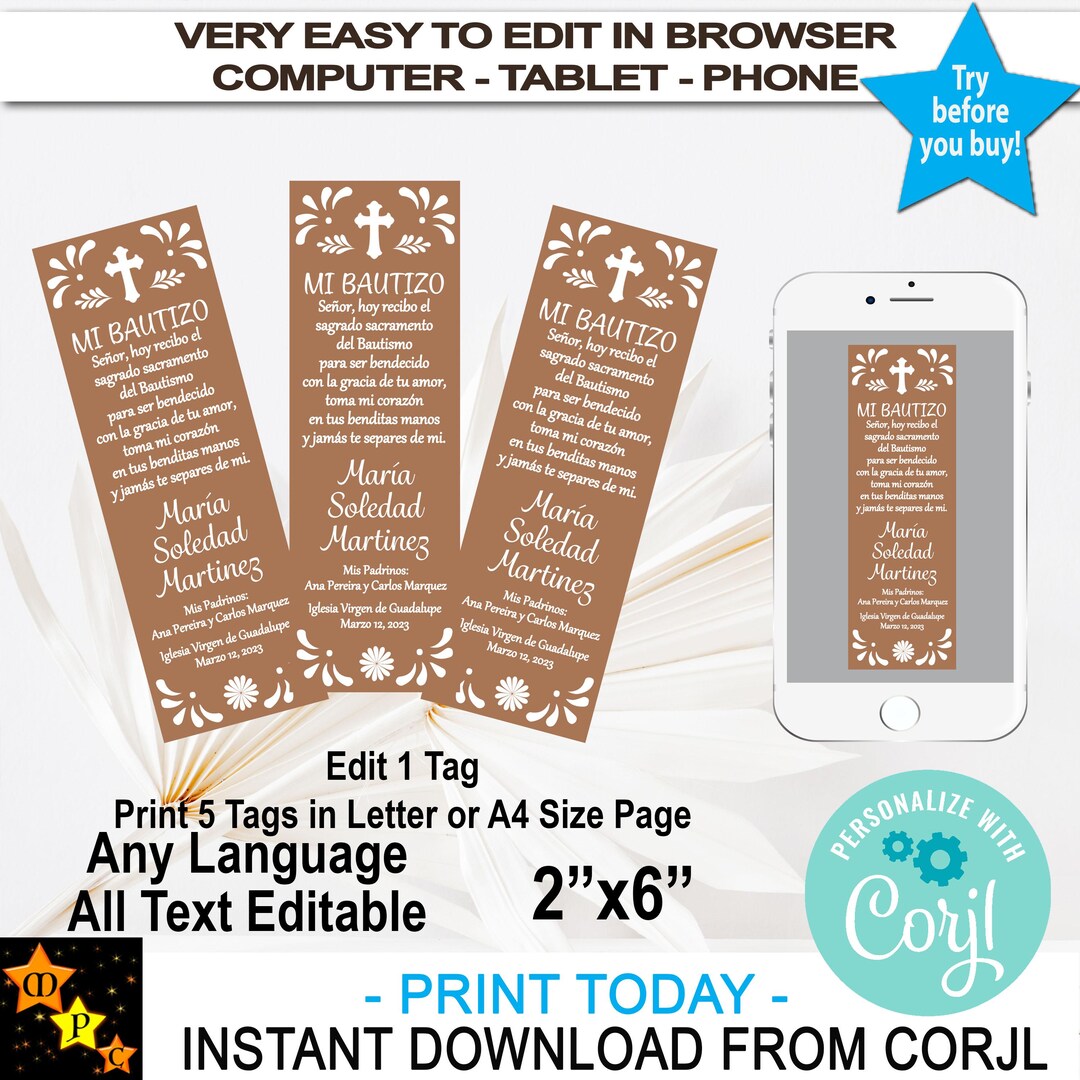 Mi Bautizo Spanish Baptism Bookmark, Separador, Recuerdo, Barro ...