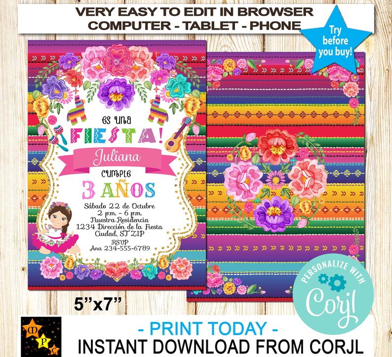 Spanish Mexican Girl Birthday Invitation, Any Age, Mexican Theme ...