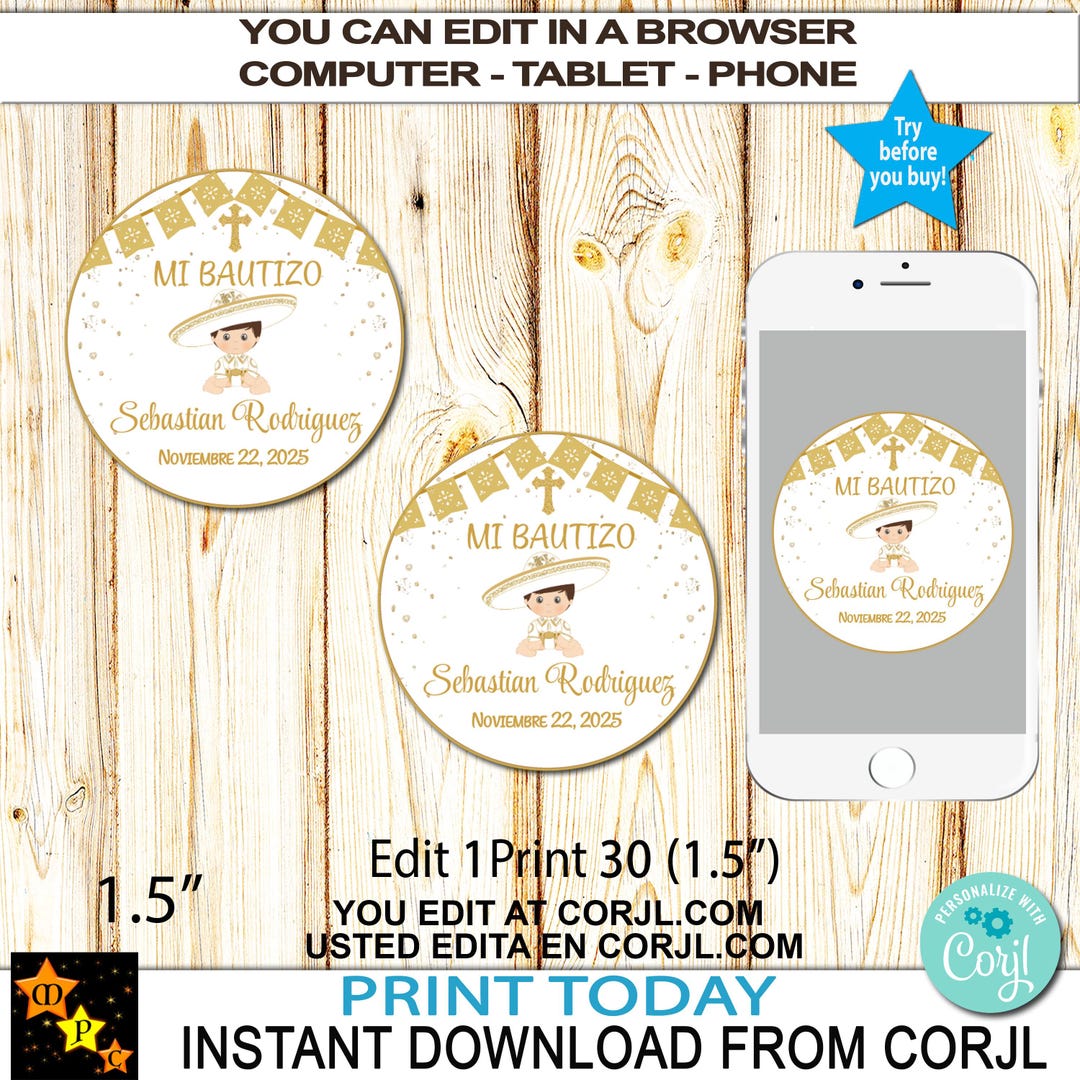 Mi Bautizo Favor Tags, Charro, Gold Foil, Papel Picado, Mexican Baptism ...
