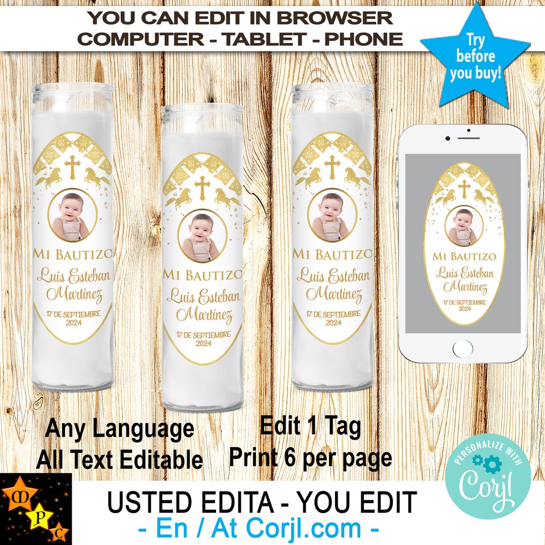 Personalized Baptism Candle Label, Photo, Gold Mexican Theme Recuerdo ...