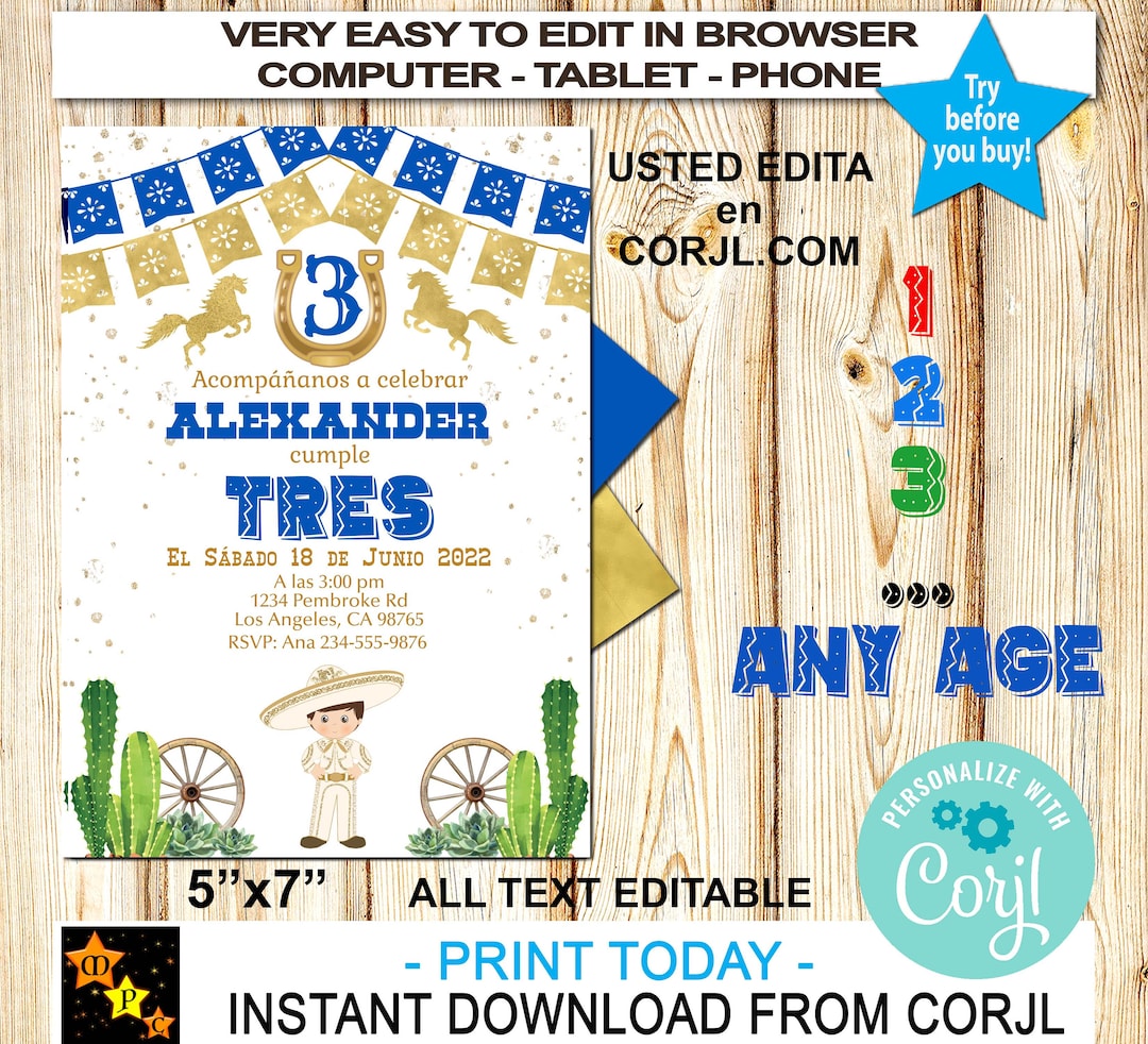 Invitación de cumpleaños charro azul y dorado español, cualquier edad ...