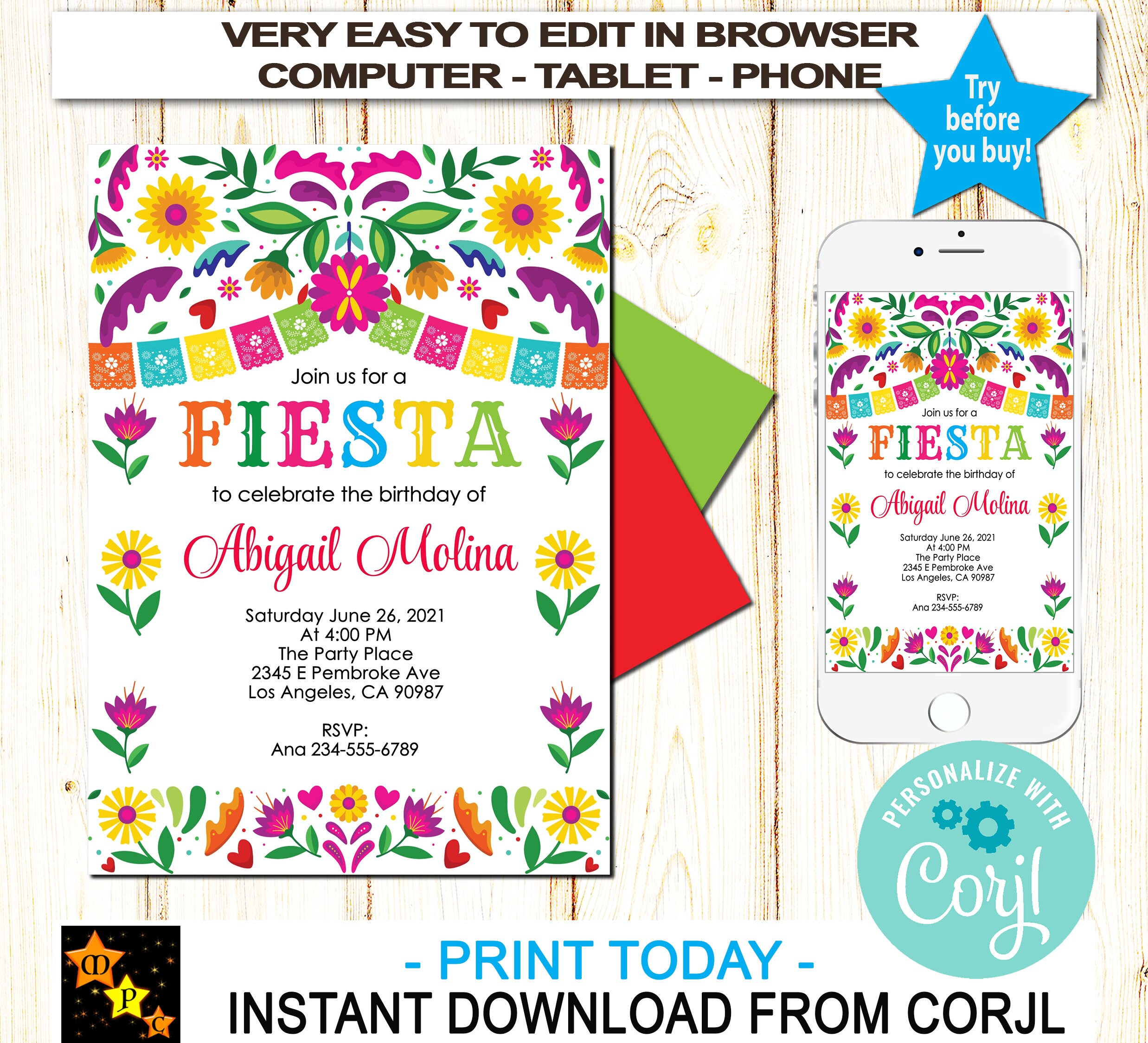 Paper Invitations Paper & Party Supplies Self editable- Fiesta Birthday ...