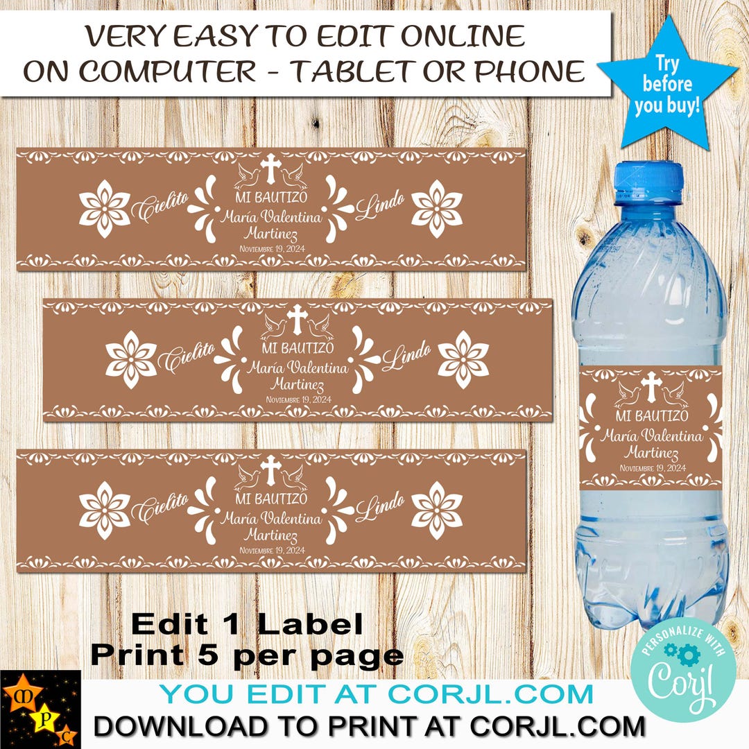 Mi Bautizo Water Bottle Labels, Barro Mexican Theme (editable ...