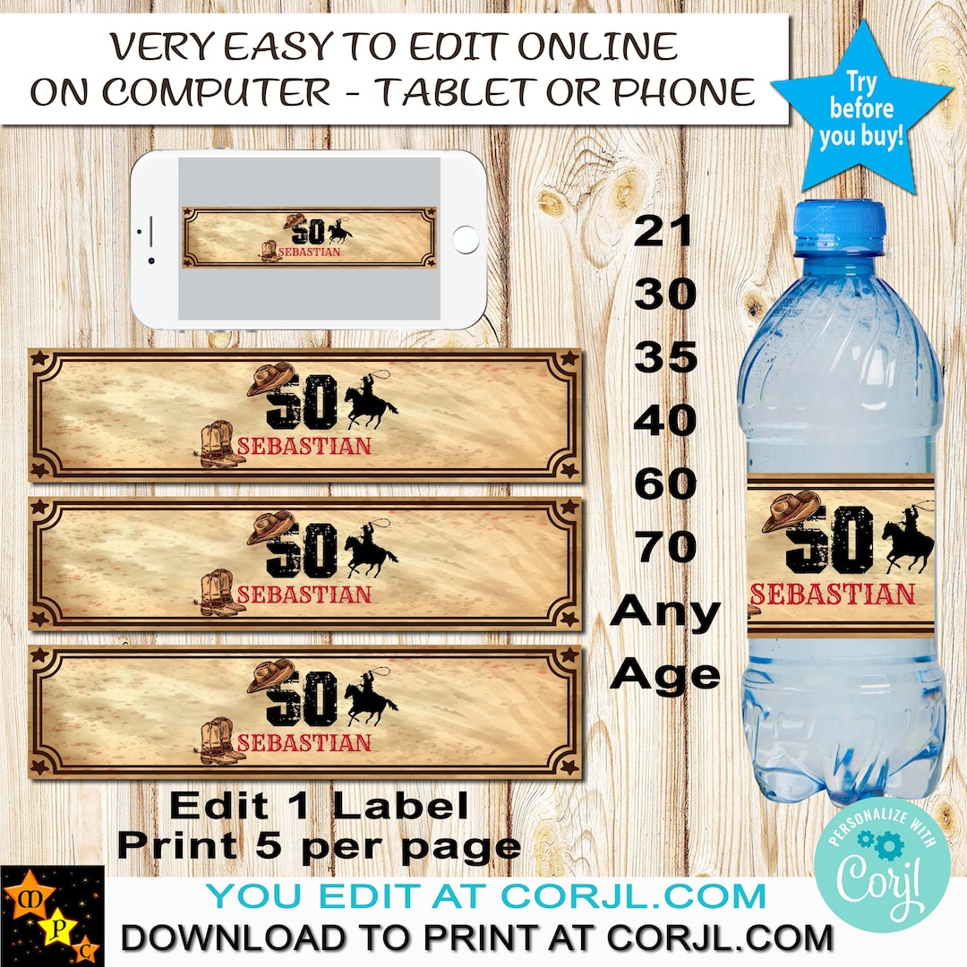 Western Water Bottle Labels, Birthday, Any Age, Any Language, Western ...