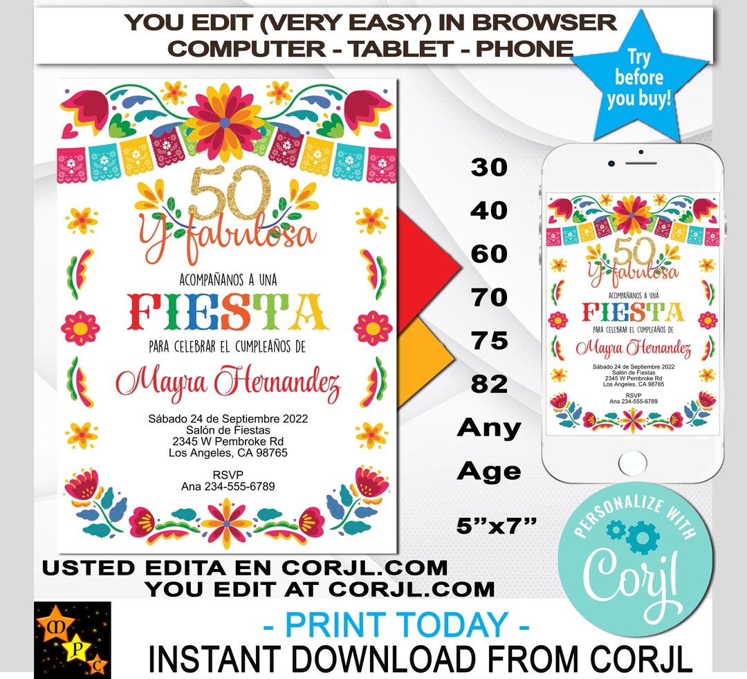 SPANISH Birthday Invitation, Mexican Fiesta Flowers, Any Age, Instant ...