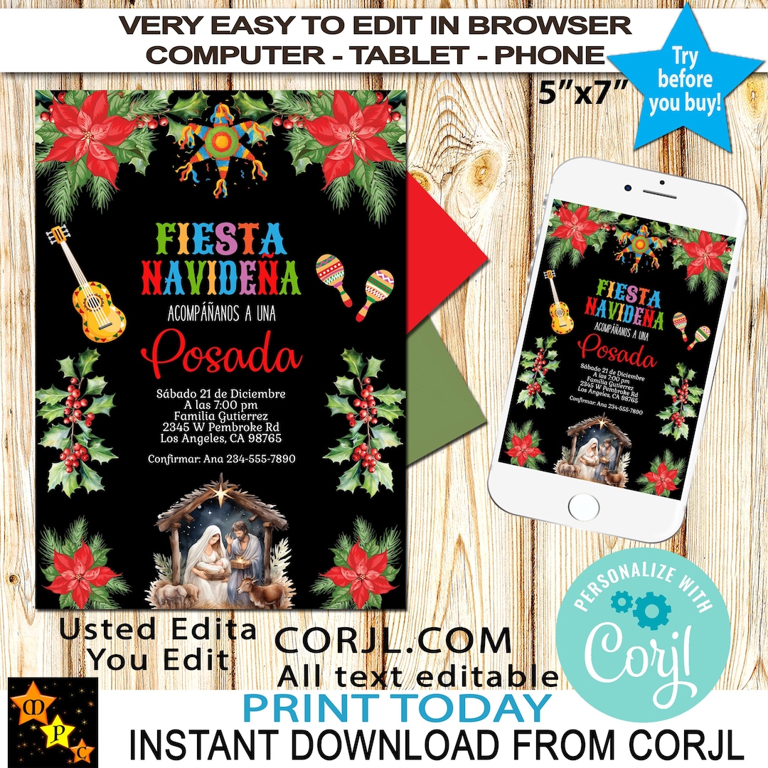 Mexican Christmas Nativity Posada Party Invitation, Fiesta De Navidad, Nacimiento, Posada, Edit ...