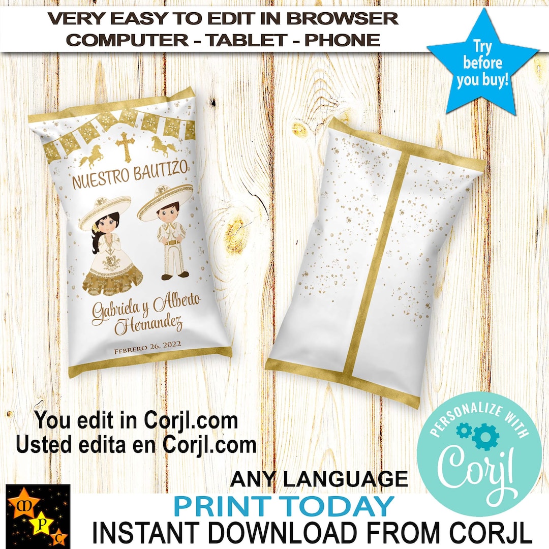 Baptism Chip Bag Mexican Theme, Charro, Charra, Boy, Girl, Twins, Gold ...