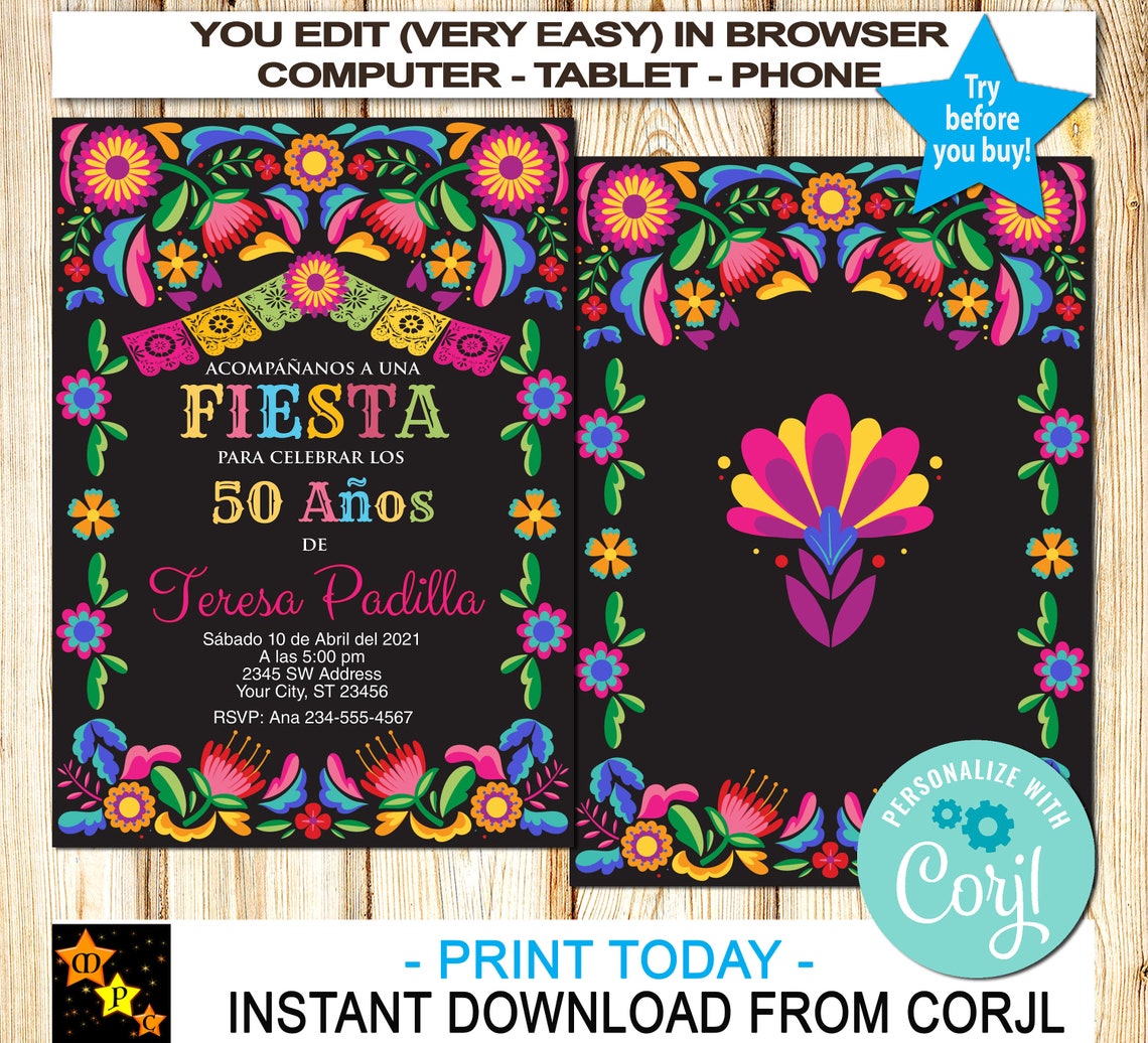 SPANISH Birthday Invitation, Mexican Fiesta Flowers, Any Age, Instant ...