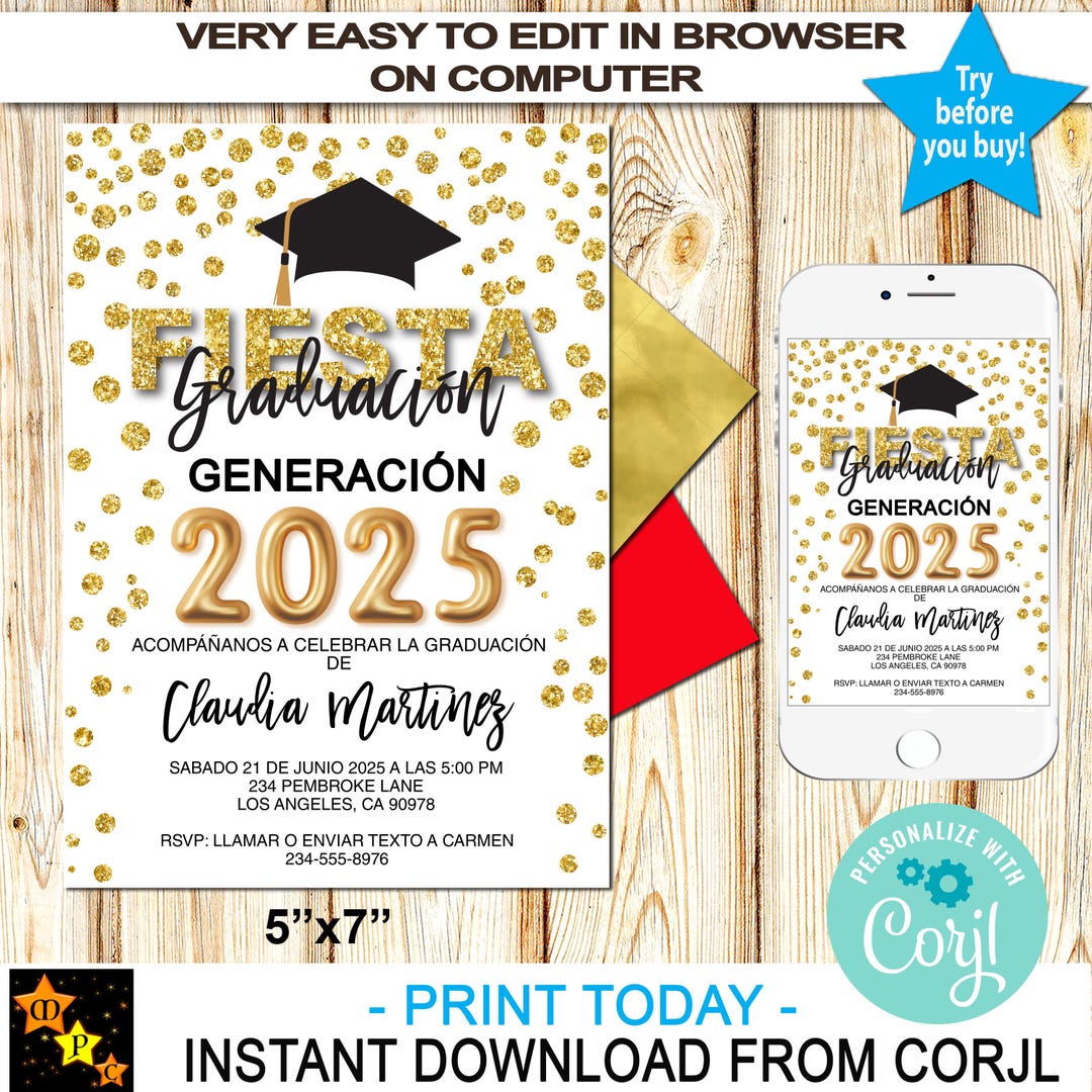 Spanish Graduation Party Invitation, Black and Gold, INSTANT Download ...