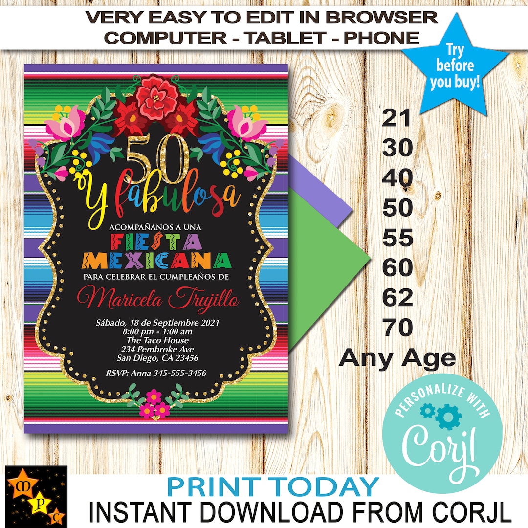 Spanish Birthday Invitation, Mexican Fiesta Flowers, Any Age, Sarape ...