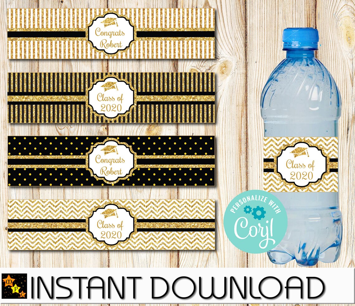 Editable Water Bottle Labels Graduation Gold Black Instant - Etsy