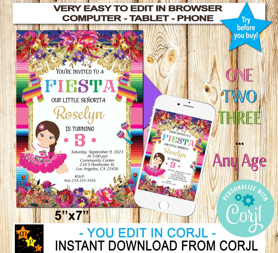 Mexican Fiesta Girl Birthday Invitation, Sarape (instant Download ...