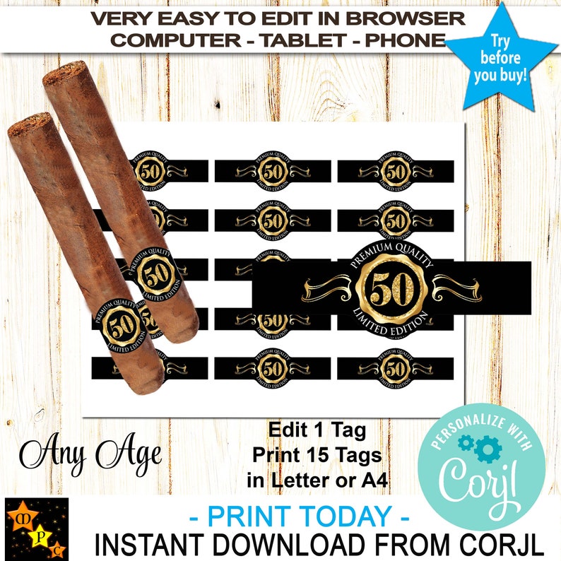 Editable Cigar Labels 50th Birthday Any Age Cigar Band Gold - Etsy UK