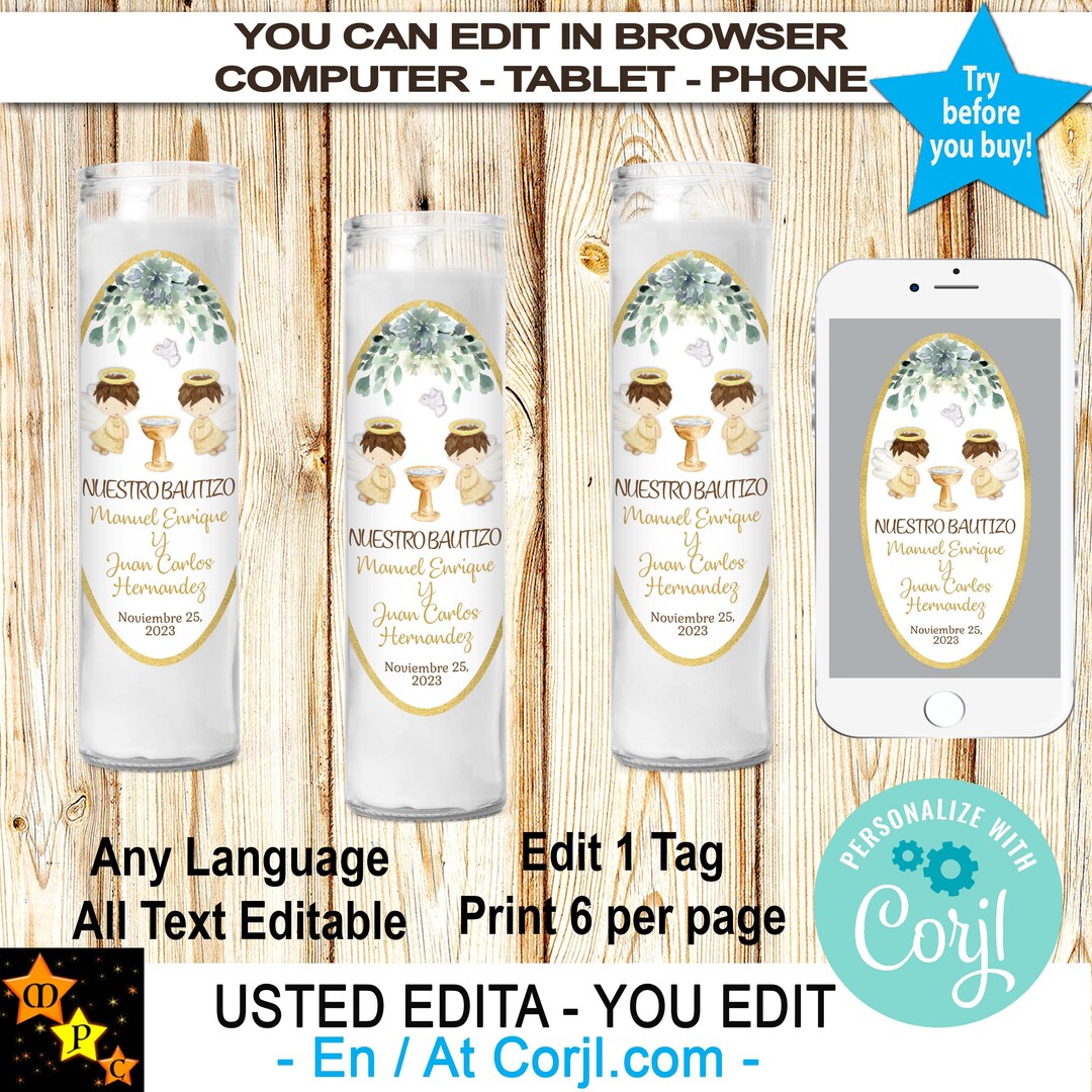 Mi Bautizo Baptism Candle Labels, 2 Angels, Boys, Baptismal Font ...