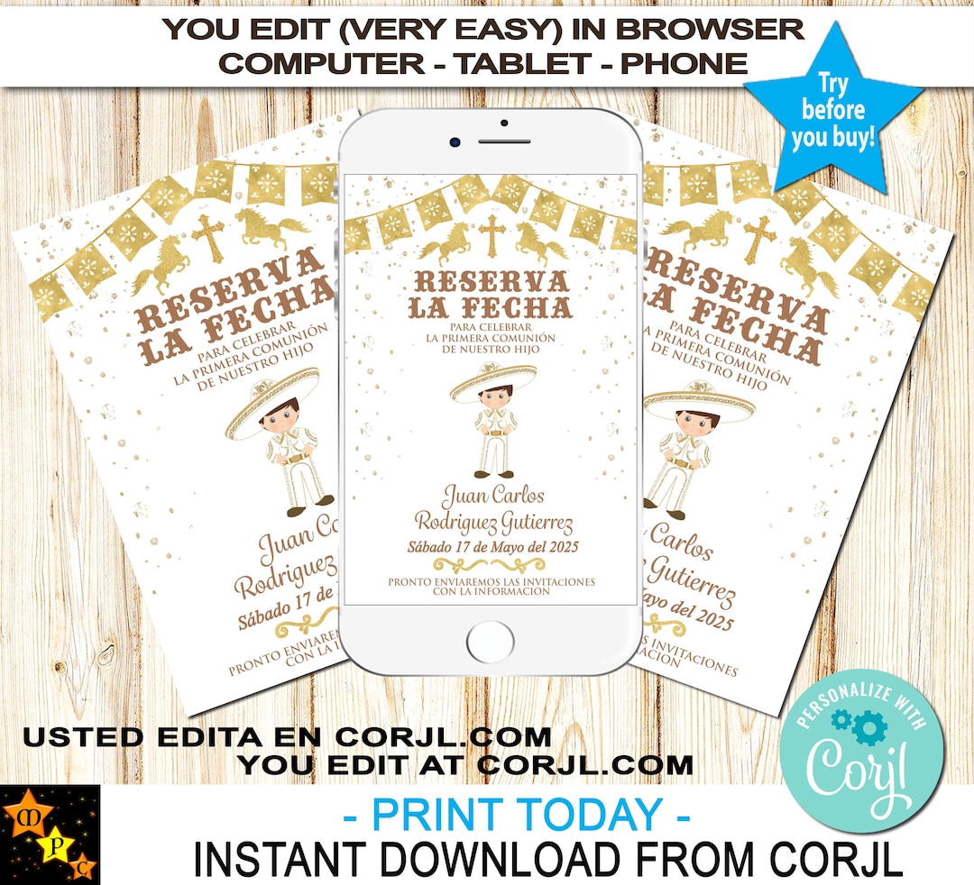 Save the Date, First Communion, Primera Comunión, Mexican Gold Charro ...