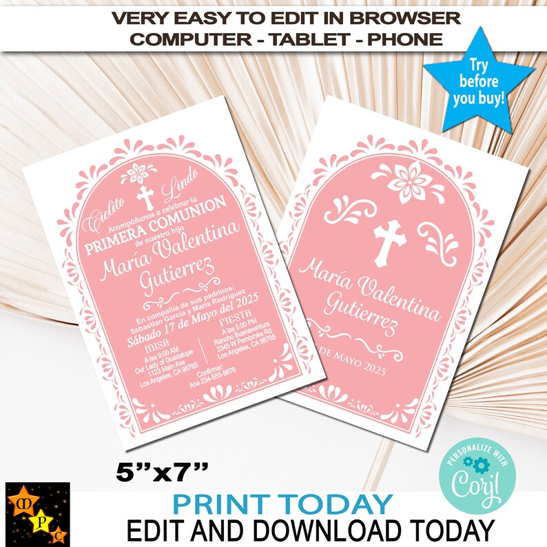 Pink Talavera First Communion Invitation, Spanish Mexican (printable ...
