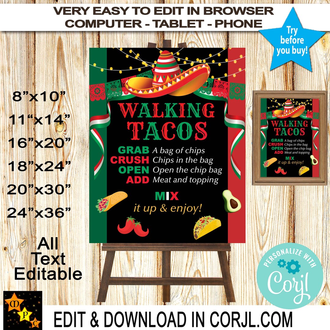 Walking Tacos Sign, Mexican Style, Editable, Printable, Edit and ...
