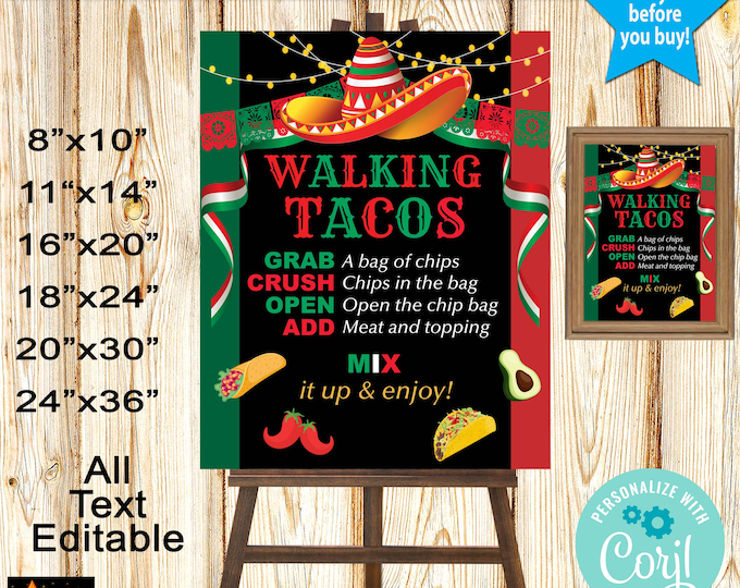 DIGITAL Walking Taco Bar Menu Sign Poster Instant Download Cinco De ...