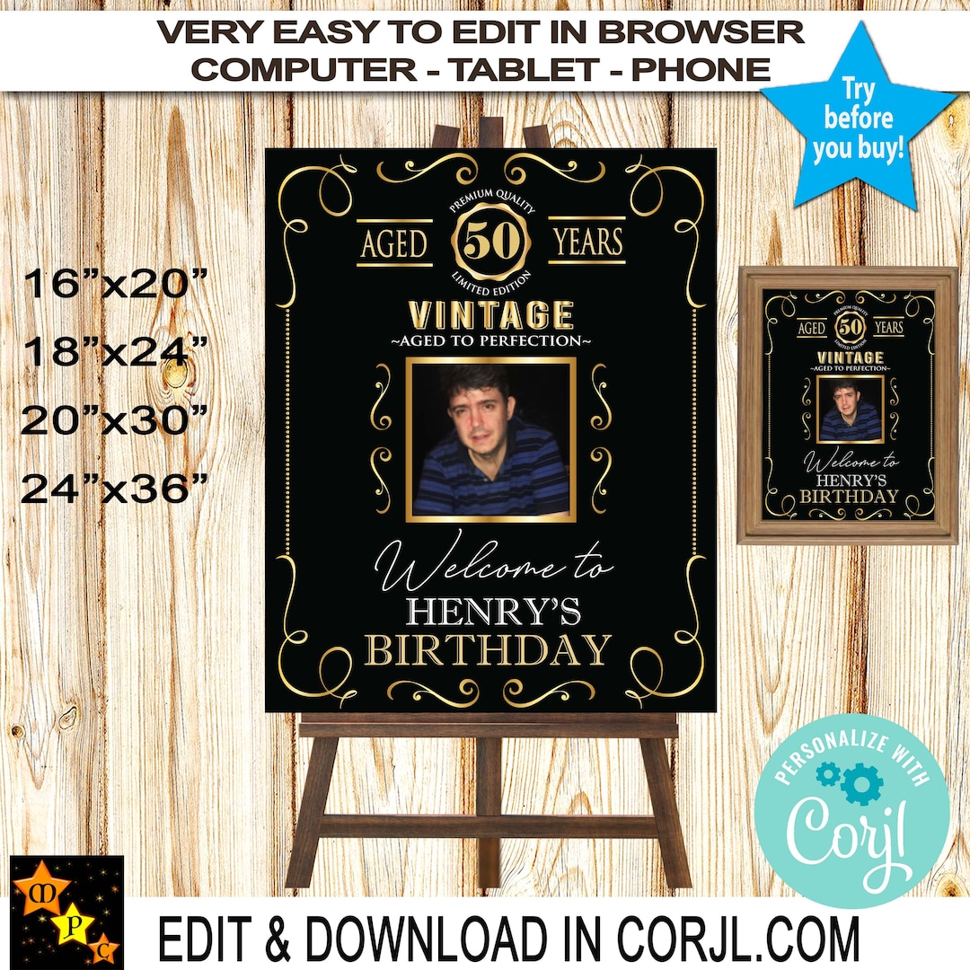 Aged to Perfection Birthday Welcome Photo Sign, Whiskey Label, Black ...