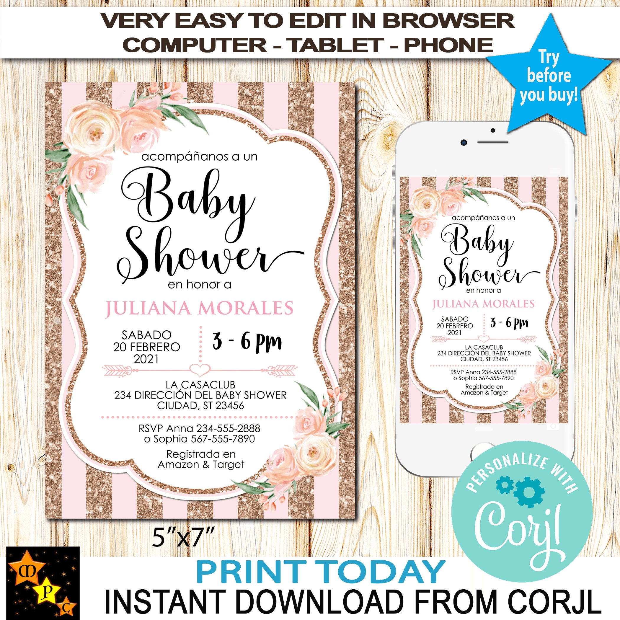 Spanish Baby Shower Invitation Girl Flowers Pink and Rose - Etsy