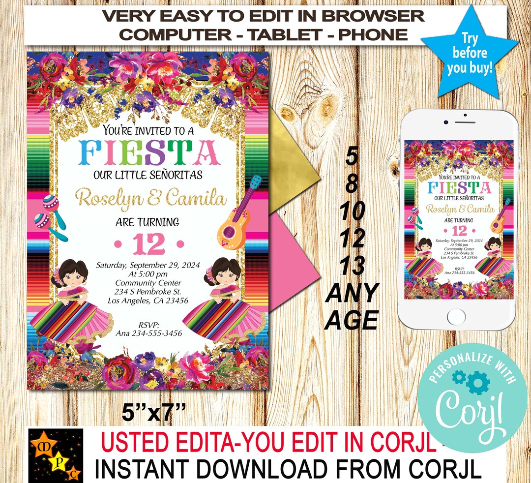 Fiesta Birthday Invitation, 2 Girls, Twins, Printable, Mexican Theme ...