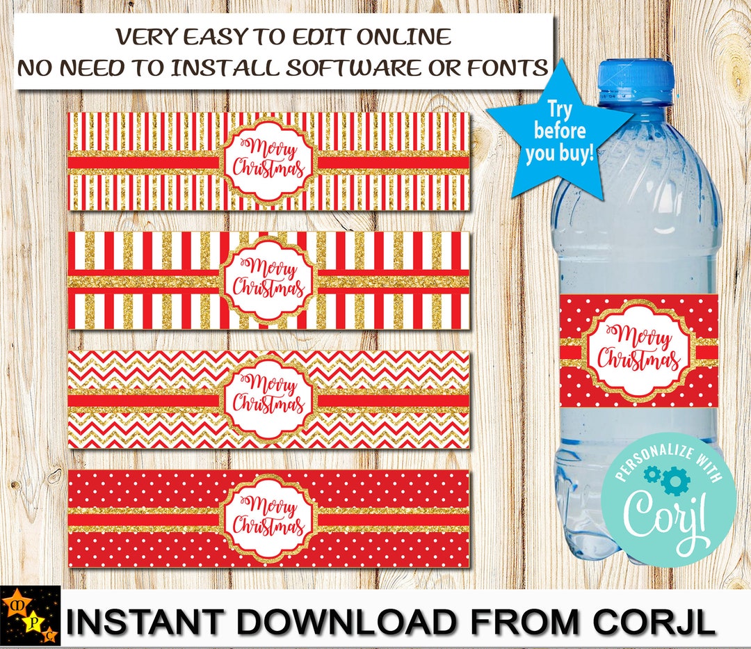 Editable Christmas Water Bottle Labels, Red and Gold (instant Download ...