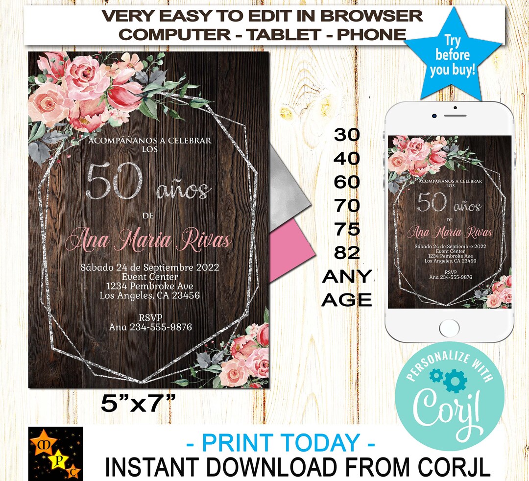 Spanish Any Age Birthday Invitation, Floral Pink and Silver, Rustic ...