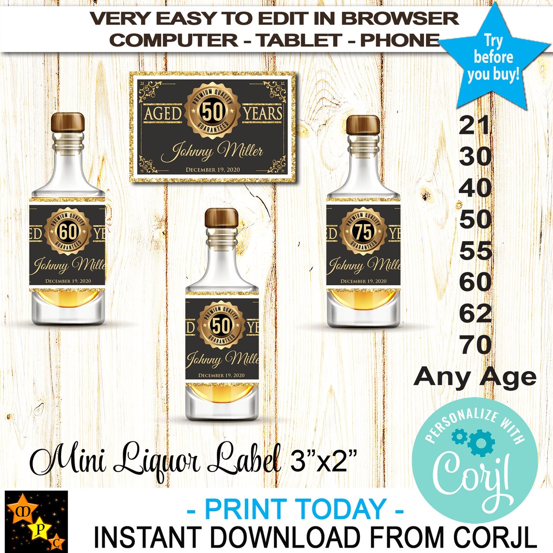 Aged to Perfection Mini Liquor Bottle Labels, Editable Whiskey Label ...