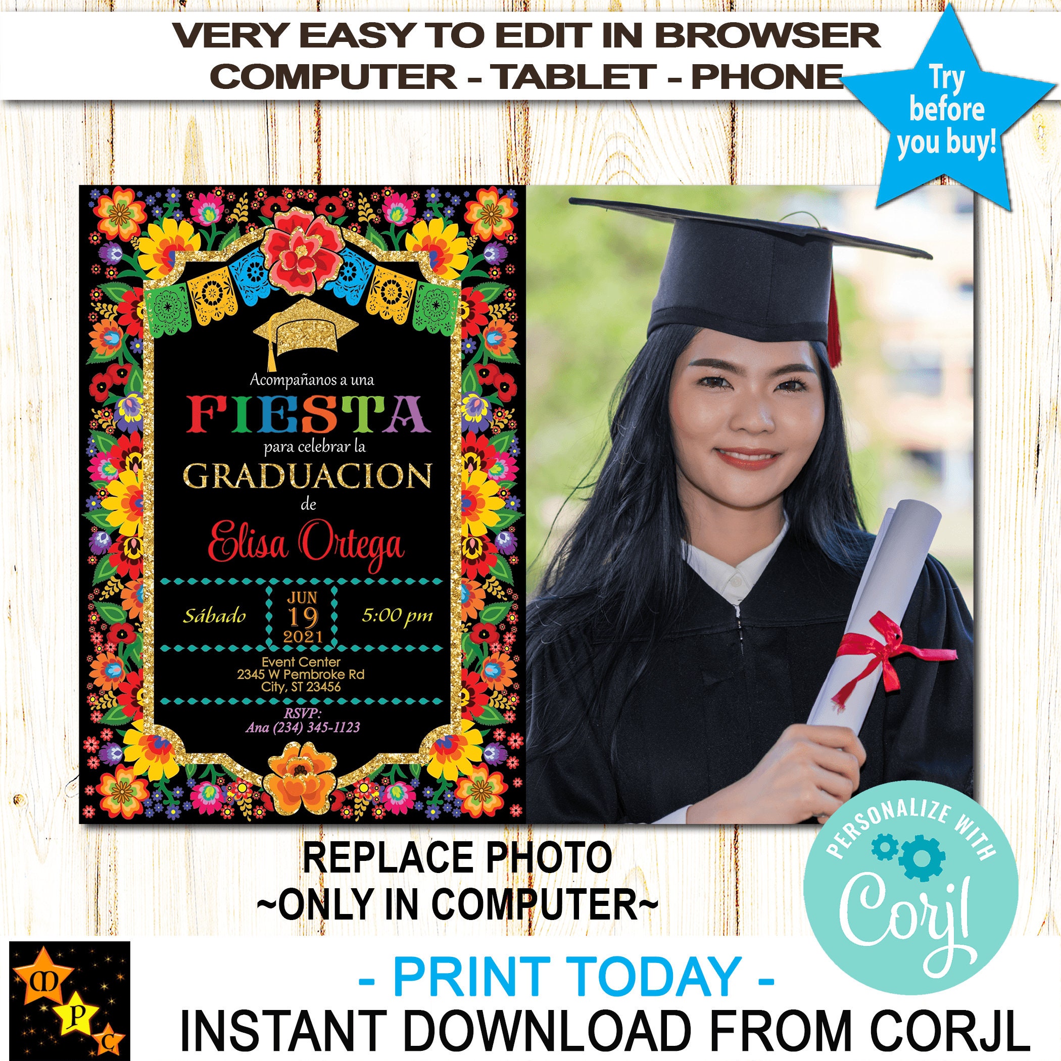 Fiesta Graduation Photo Invitation: Spanish Mexican Theme (digital ...