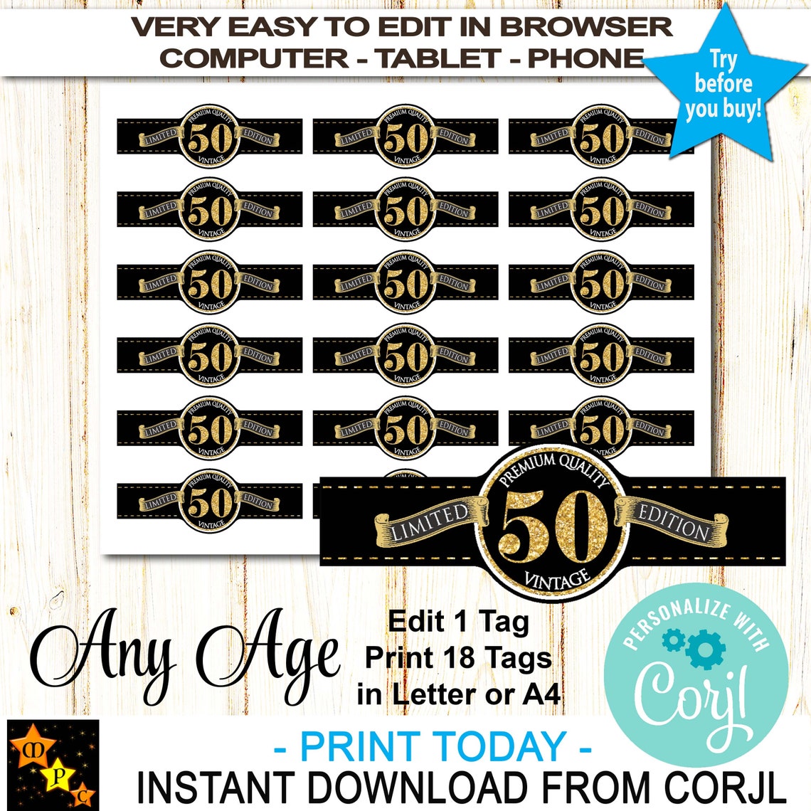 Editable Cigar Labels 50th Birthday Any Age Cigar Band Gold - Etsy