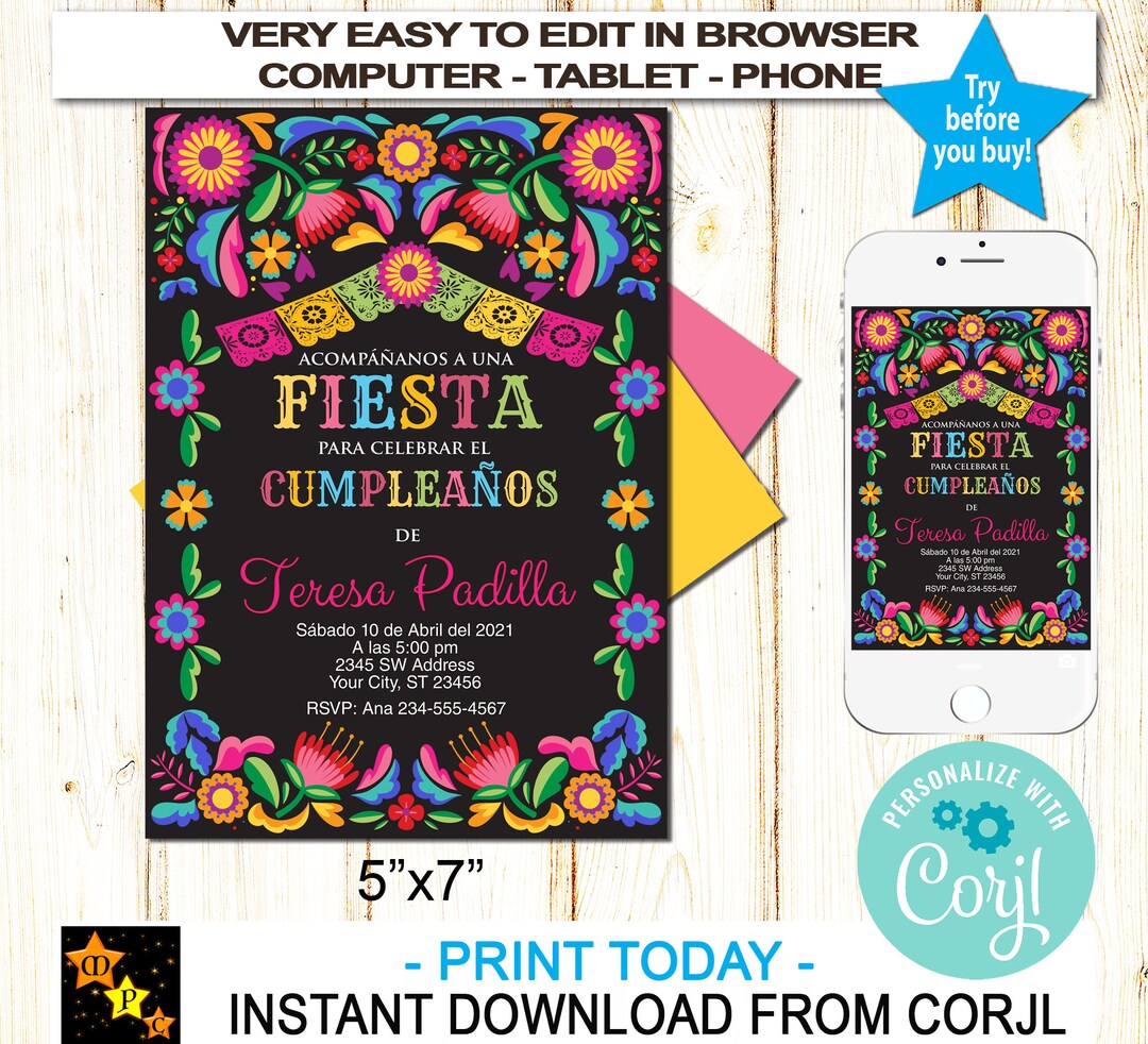 SPANISH Birthday Invitation, Mexican Fiesta Flowers, No Age, Instant ...