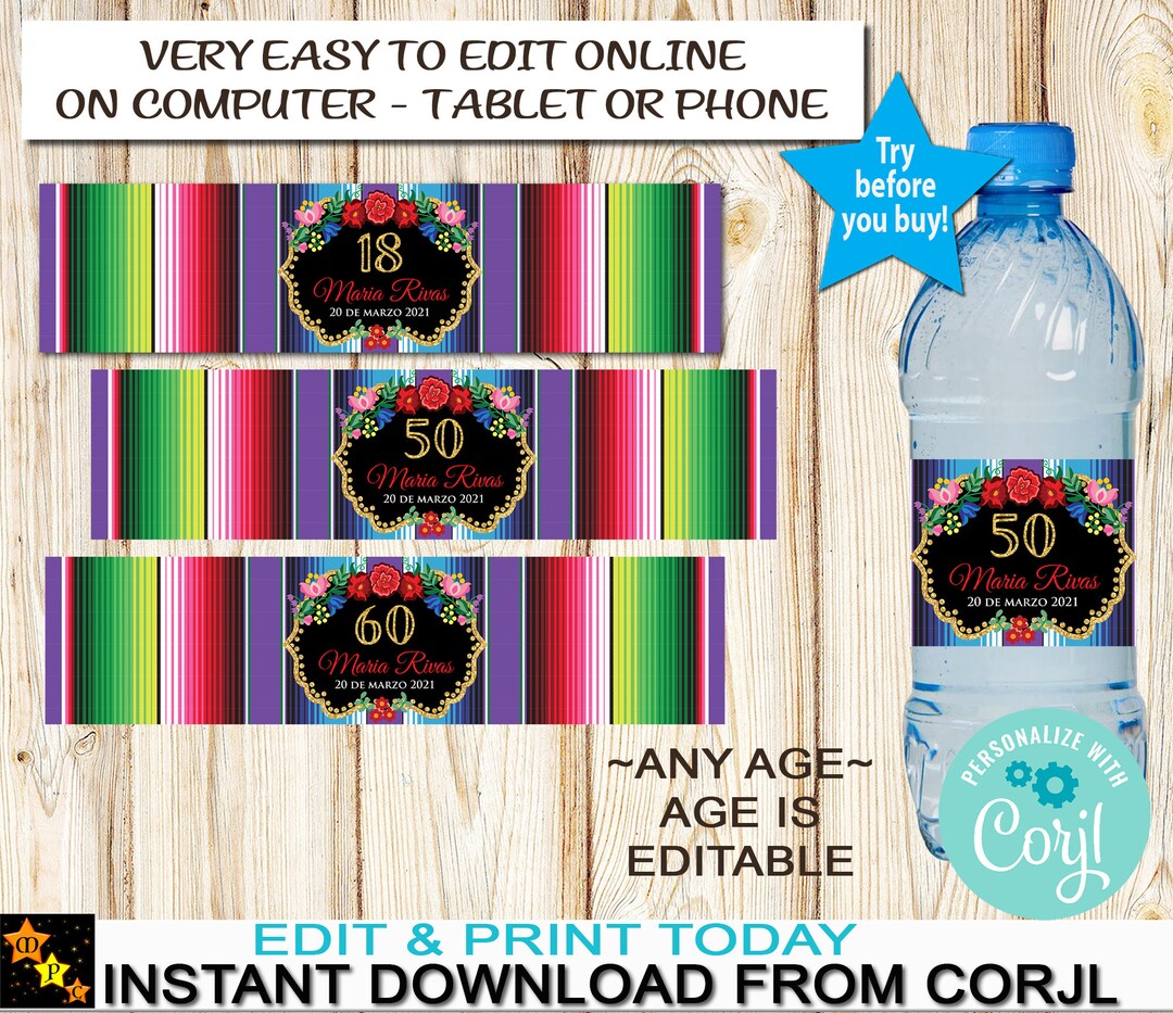 Birthday, Any Age, Mexican Water Bottle Labels, Birthday, Sarape ...