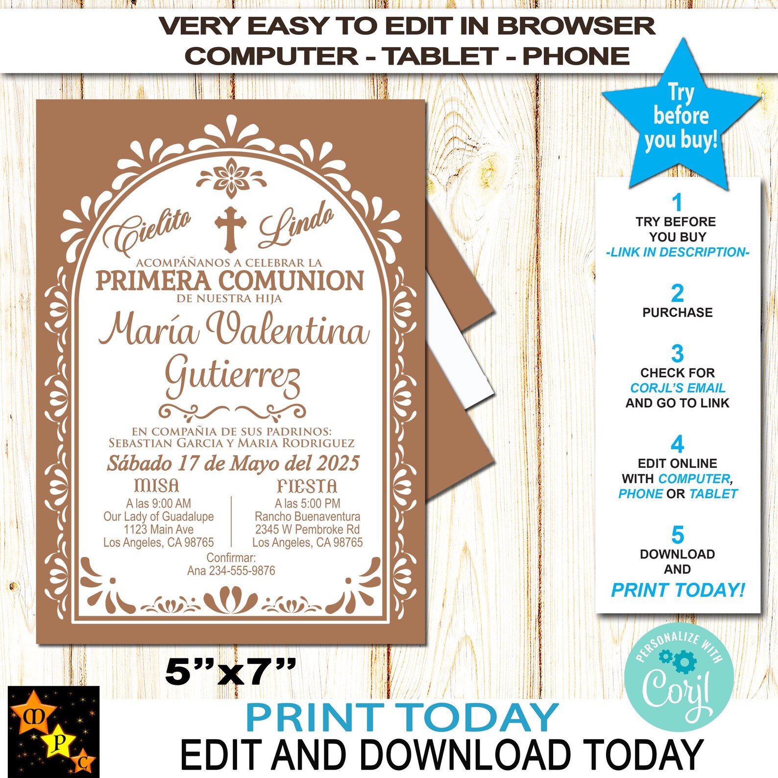 Spanish First Communion Invitation, Mexican Barro Style, 5x7 (printable ...