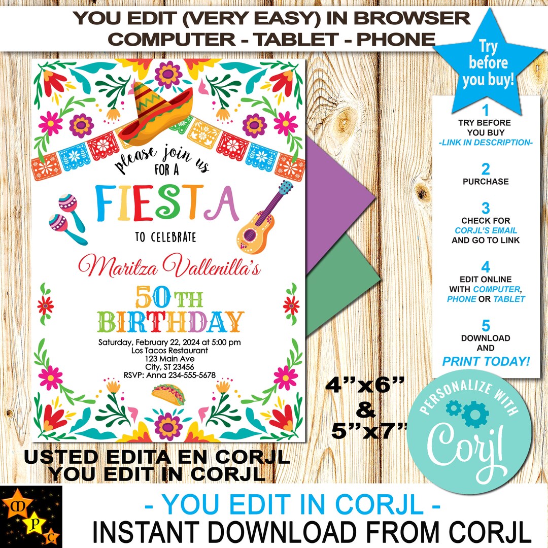 English Birthday Invitation, Mexican Fiesta Flowers, Any Age, Edit and ...