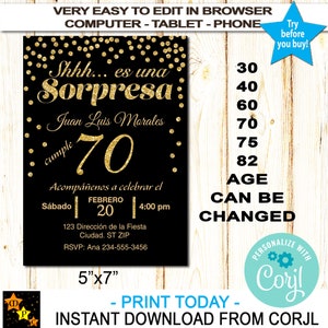 Spanish Birthday Surprise Invitation, ALL AGES, Black and Gold Confetti ...