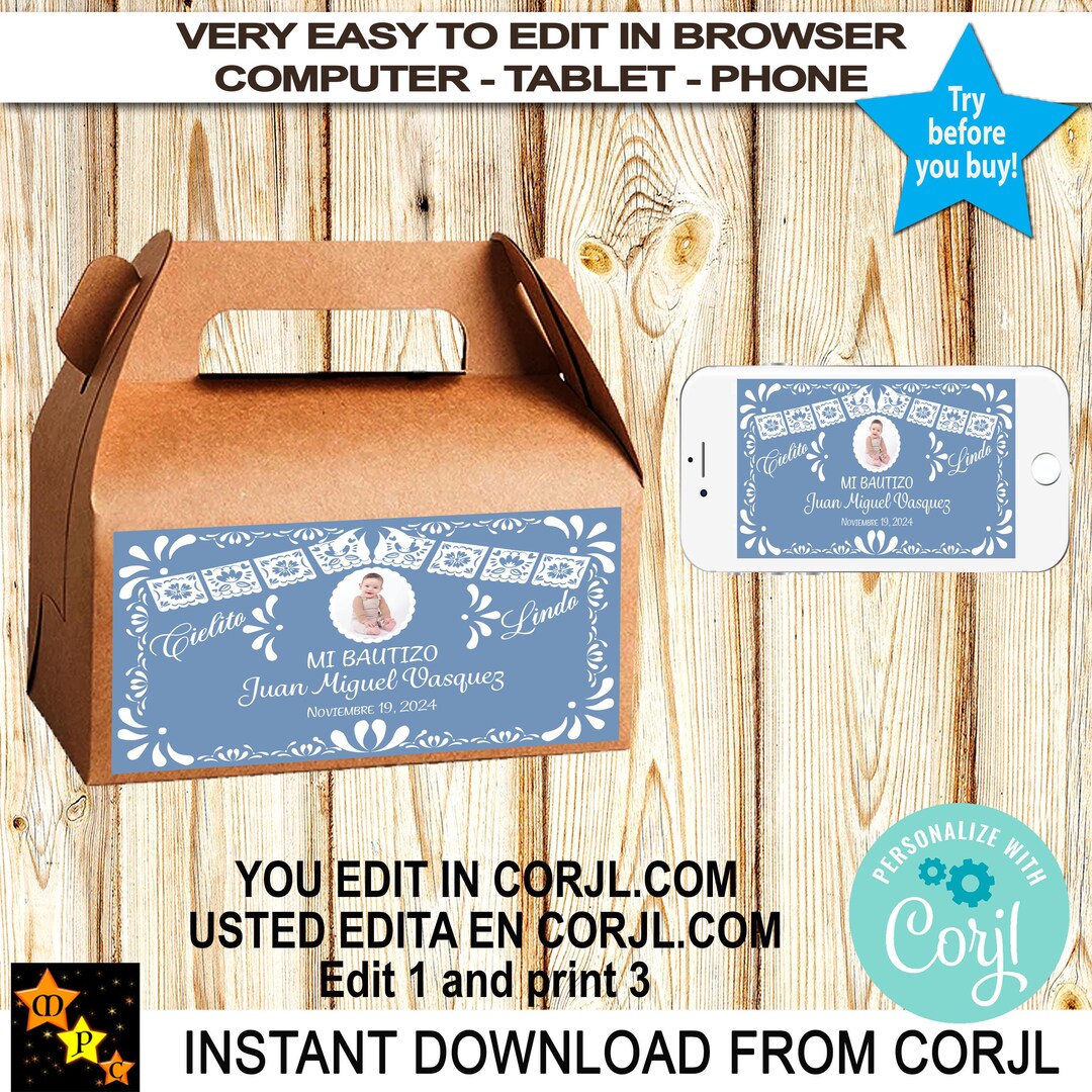 Baptism Gift Box Labels Mexican Theme, Barro Blue Talavera, Cielito ...