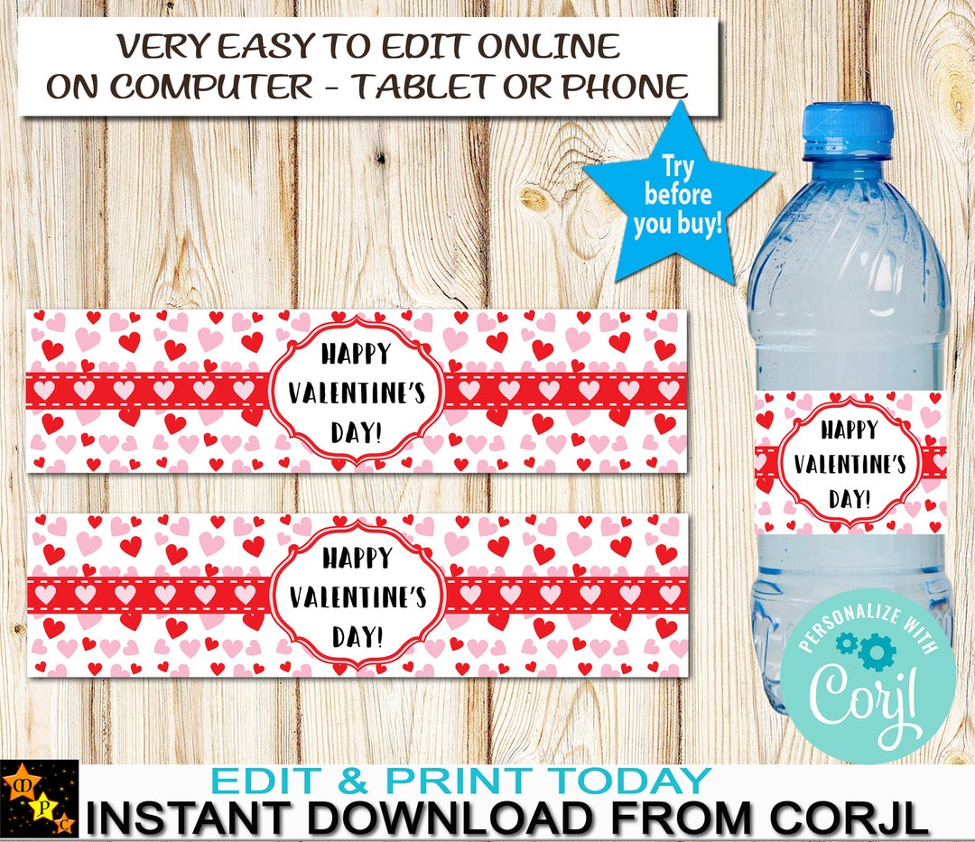 Water Bottle Labels, Valentine's Day, Editable, Instant Download From ...