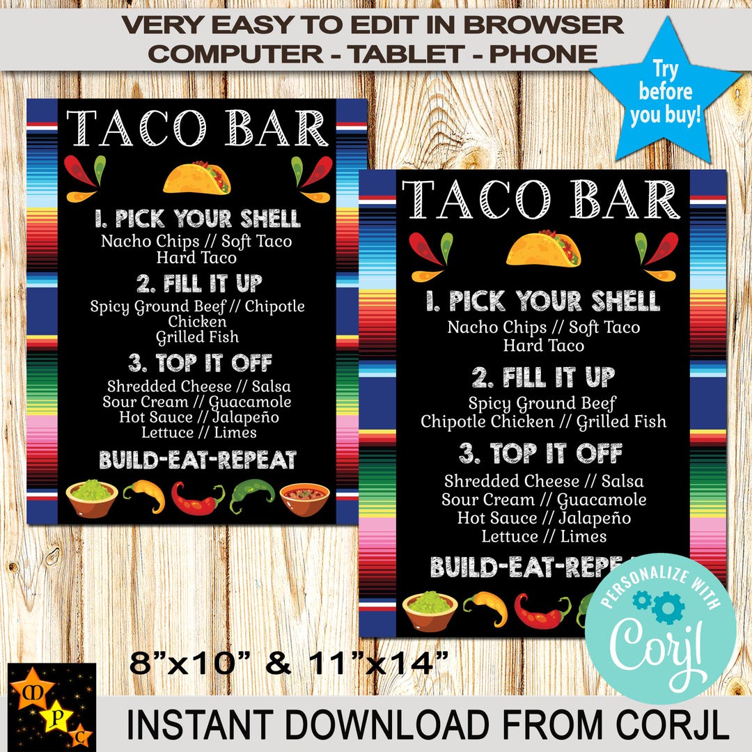 Taco Bar Sign, Mexican Style, Sarape Background, Editable, Printable ...