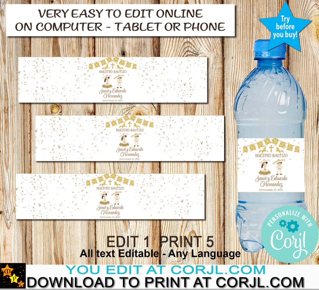 Baptism Water Bottle Labels, Mexican Theme, Toddler Charra Charro, Gold ...