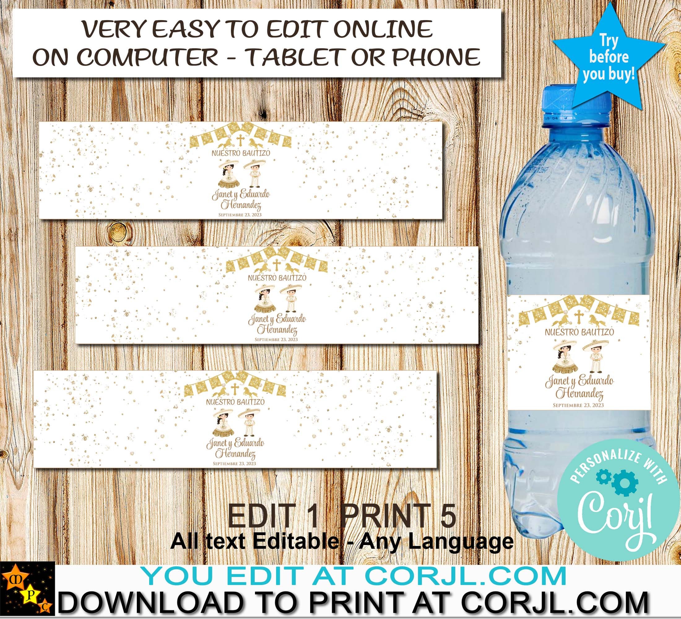 Baptism Water Bottle Labels, Mexican Theme, Toddler Charra Charro, Gold ...