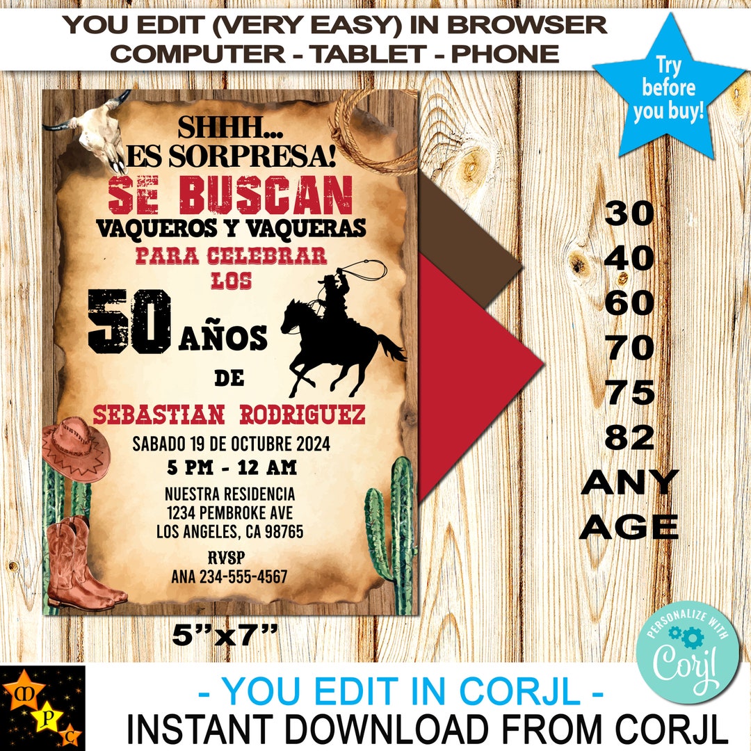 Spanish Western Cowboy Rustic Invitacion Vaquera Birthday Invitation ...