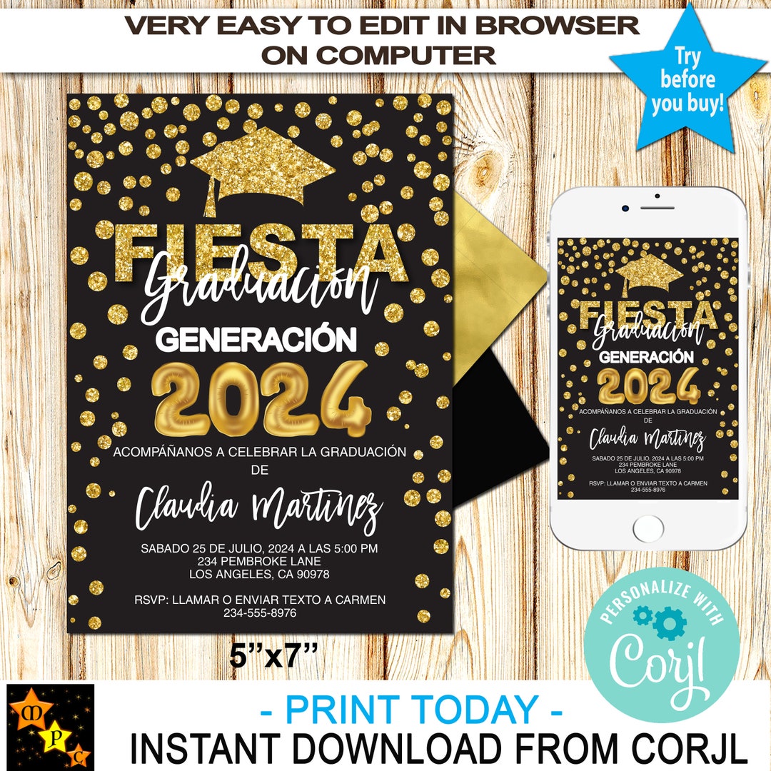Spanish Graduation Party Invitation, Black and Gold, INSTANT Download ...