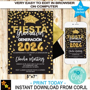 Spanish Graduation Party Invitation, Black and Gold, INSTANT Download ...