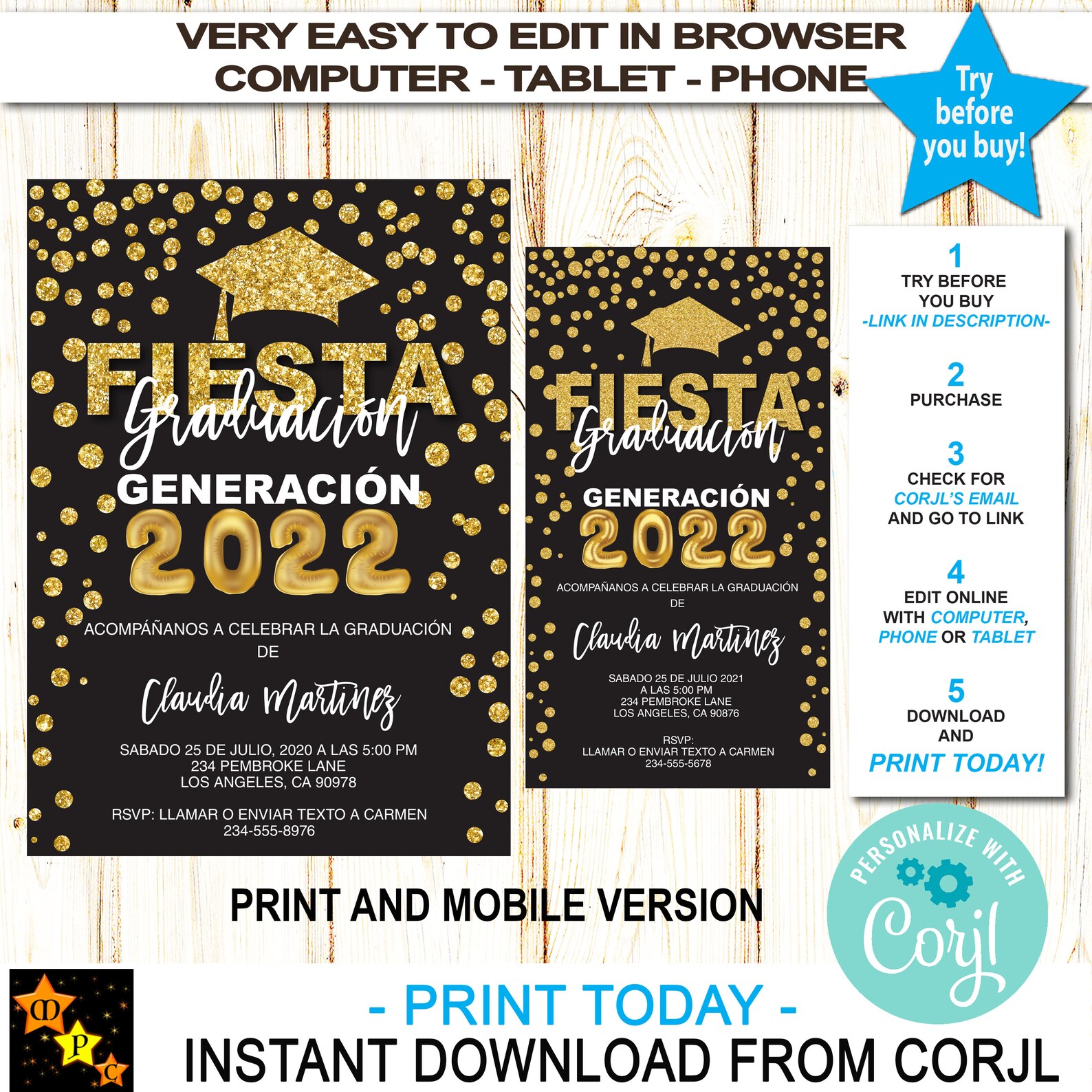 Spanish Graduation Party Invitation Black and Gold INSTANT | Etsy