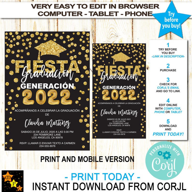 Spanish Graduation Party Invitation Black and Gold INSTANT | Etsy