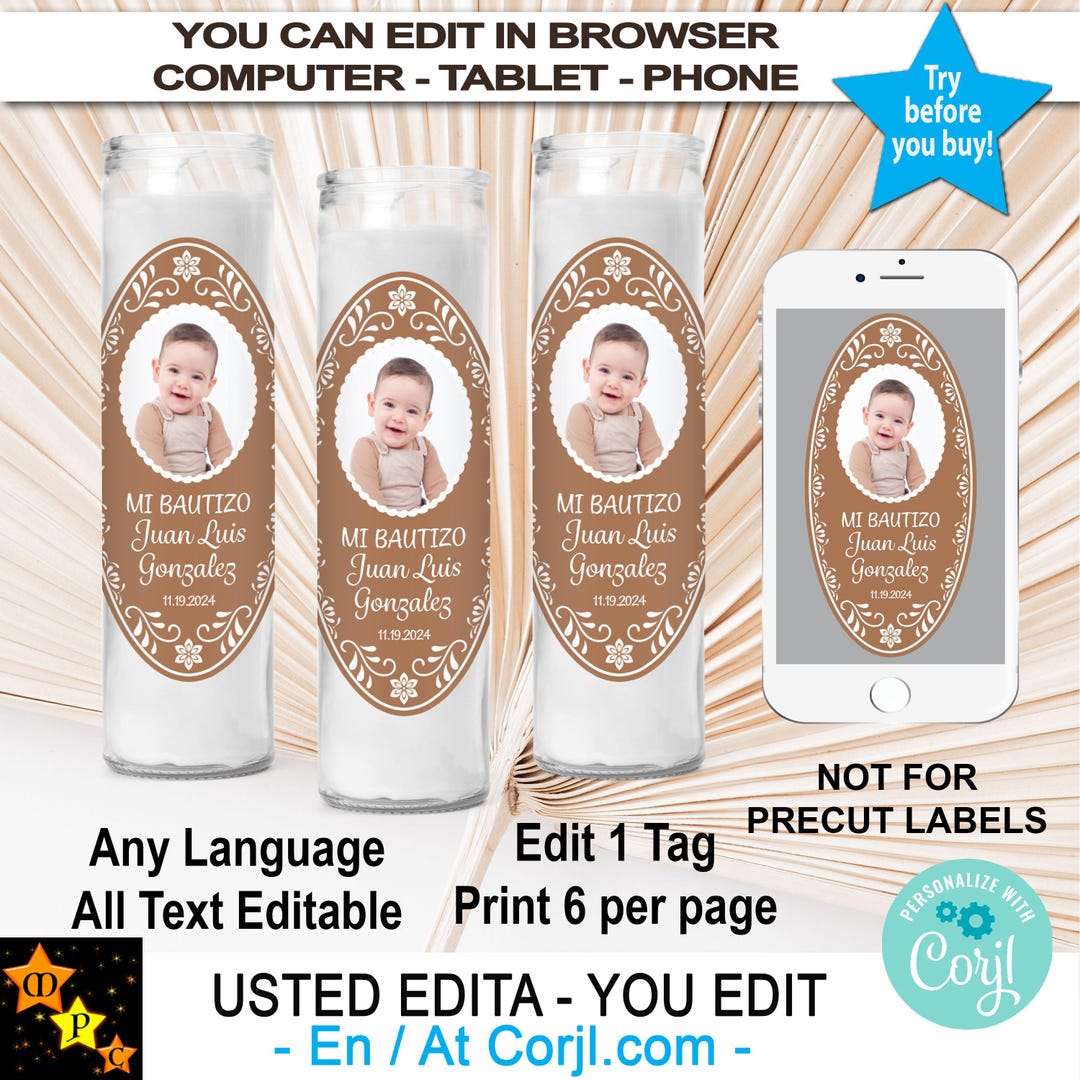 Mi Bautizo Baptism Photo Candle Labels, Barro, Recuerdo, Mexican Theme ...